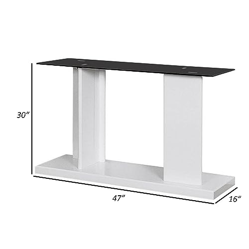 Benjara Liam 47 Inch Sofa Console Table, Wood, Pedestal Base, Glass Top, White, Black