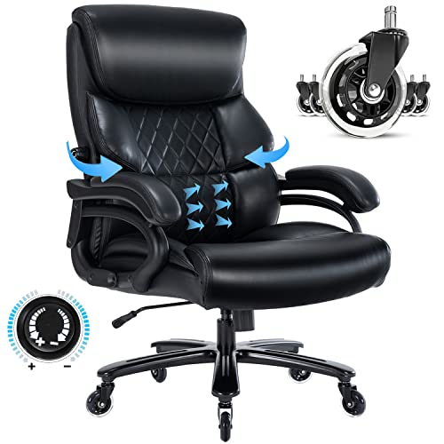 HESL Big and Tall Office Chair with Adjustable Lumbar Support Heavy Duty Office Chair 400 lb Capacity Executive Office Chair for Heavy People with Quiet Rubber Wheels Ergonomic Office Chair