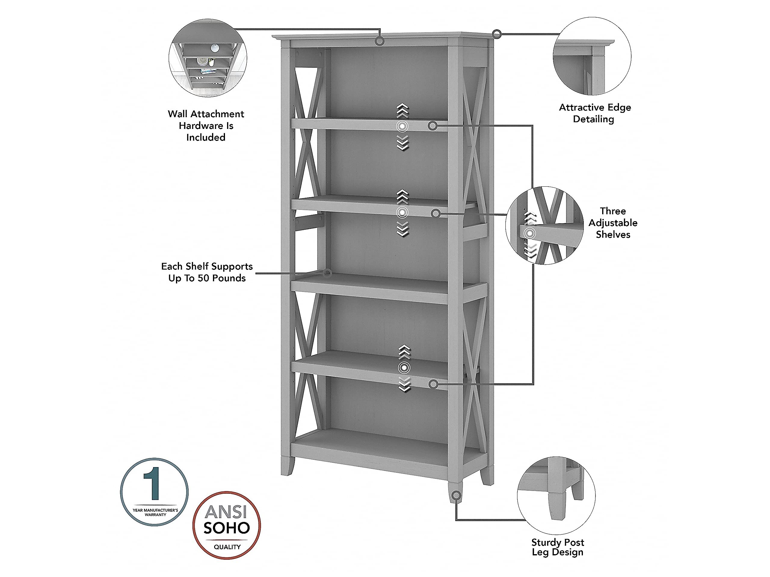 Bush Furniture Key West 48W Writing Desk with 2 Drawer Lateral File Cabinet and 5 Shelf Bookcase in Cape Cod Gray