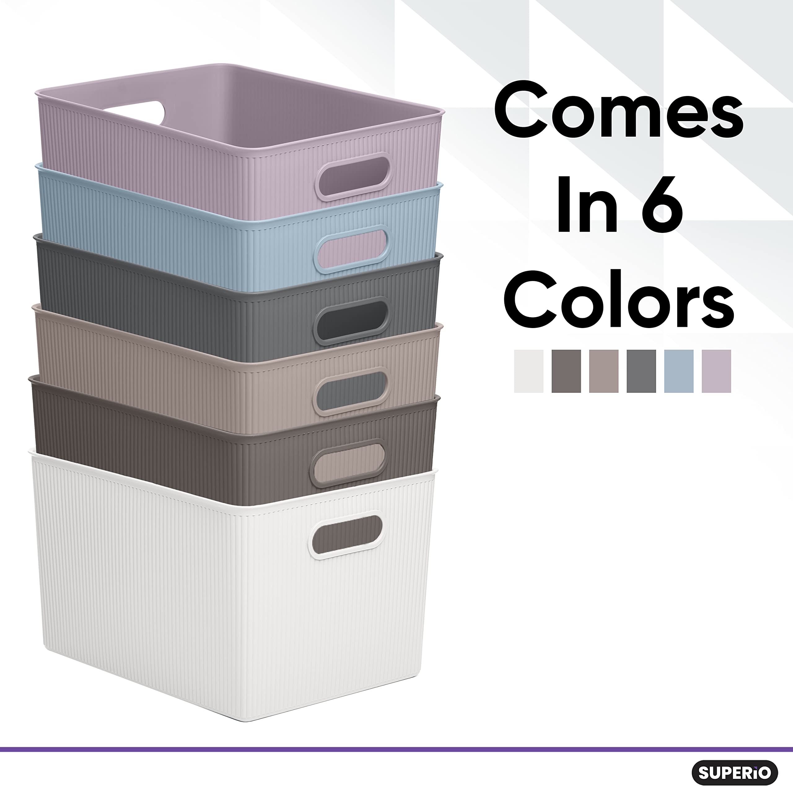Superio Ribbed Collection - Decorative Plastic Open Home Storage Bins Organizer Baskets, X-Large Taupe (6 Pack) Container Boxes for Organizing Closet Shelves Drawer Shelf 22 Liter/23 Quart