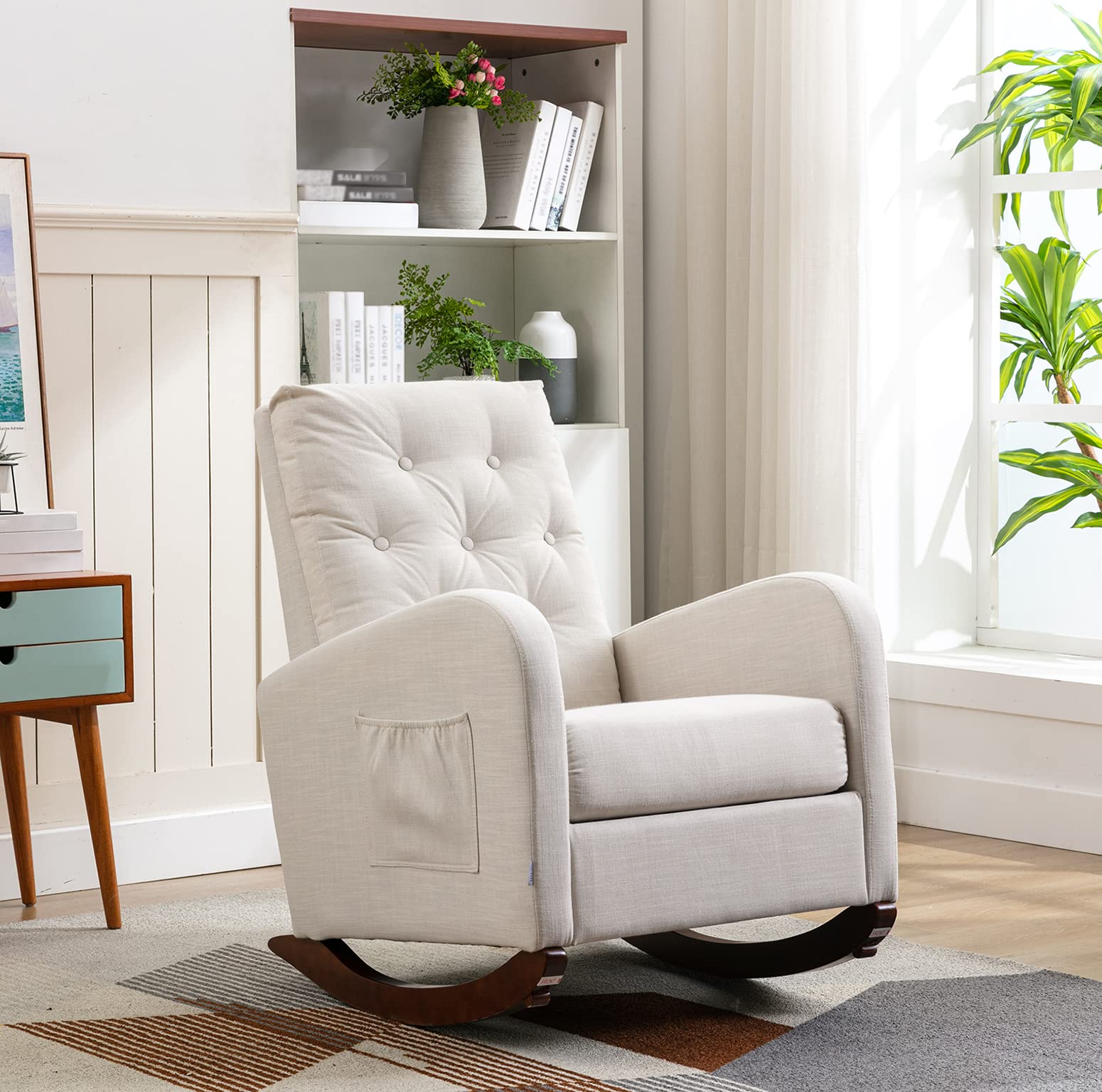 Antetek Modern Accent Rocking Chair, Upholstered Nursery Glider Rocker for Baby and Kids, Comfy Armchair with Pocket, Living Room Lounge Arm Chair, High Backrest with Decorative Buttons, Off White
