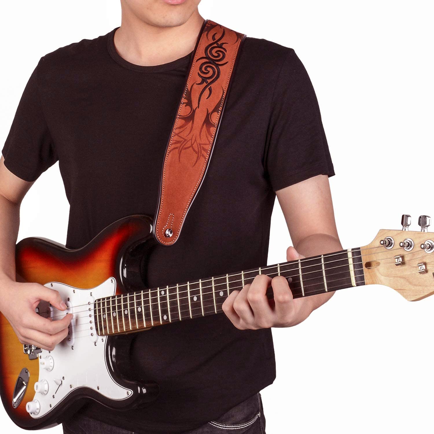 Dulphee Leather Guitar Strap, 2.8 Inches Width Suede Guitar Strap for Bass, Electric guitar and Acoustic Guitar (Brown Tribal)