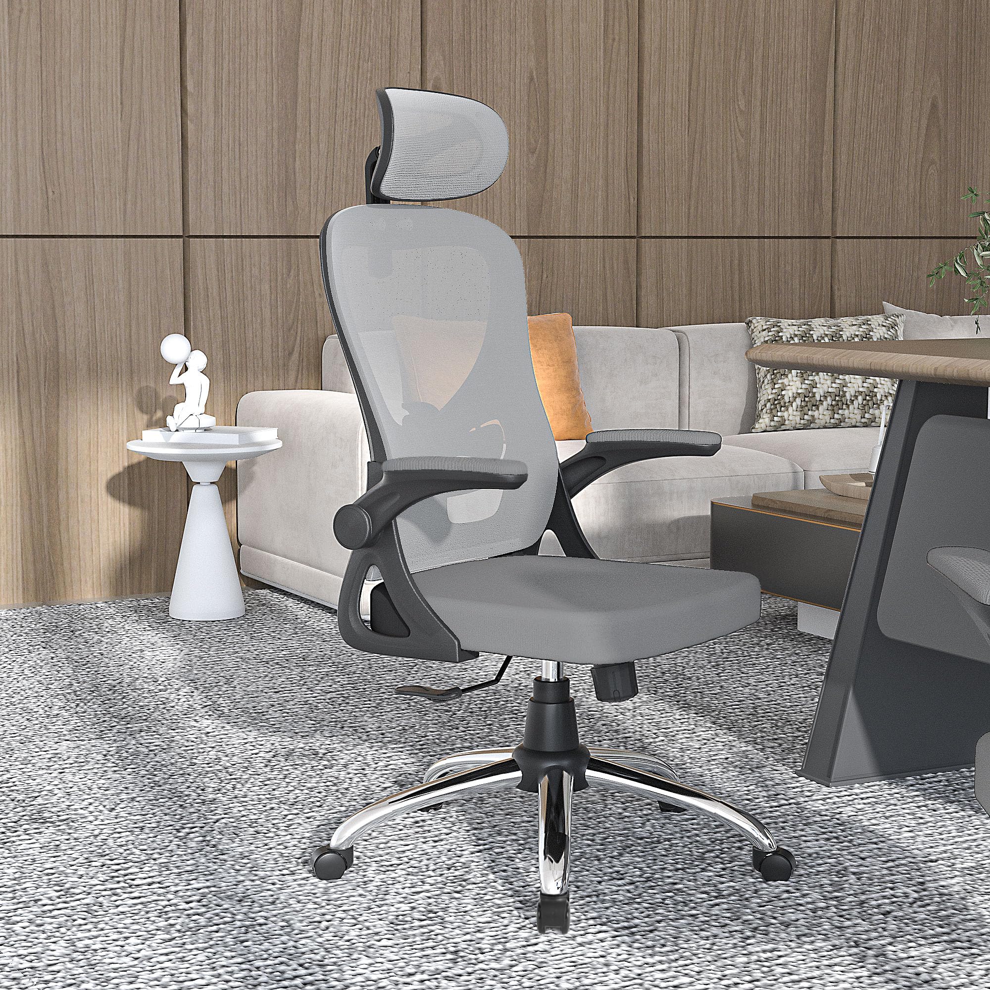 VECELO High Back Ergonomic Office Chair with Adjustable Headrest Armrest, Mesh Lumbar Support, Swivel Wheels for Home Study Work, Gray