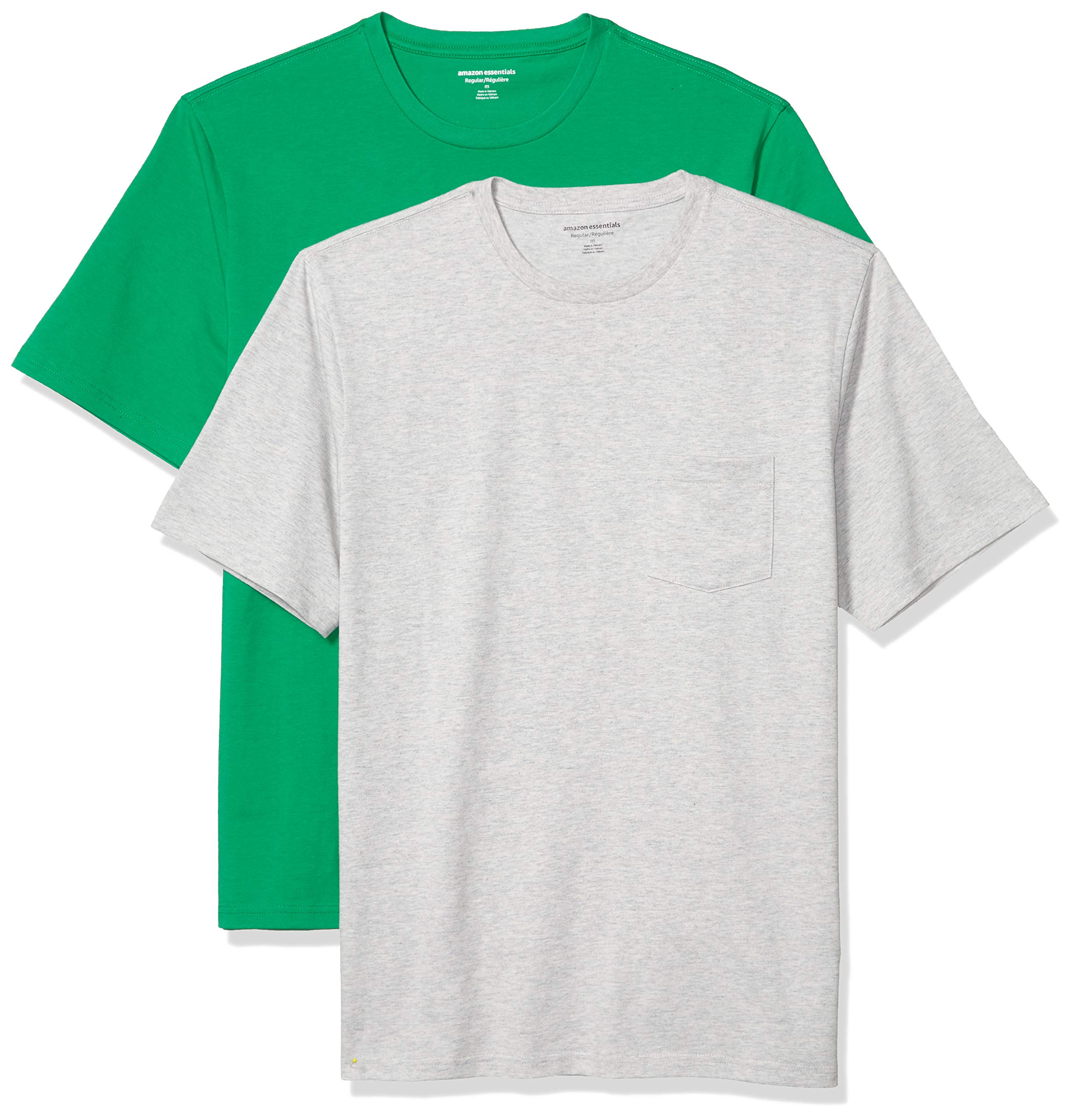 Amazon Essentials Men's Regular-Fit Short-Sleeve Crewneck Pocket T-Shirt, Pack of 2, Bright Green/Light Grey Heather, Large