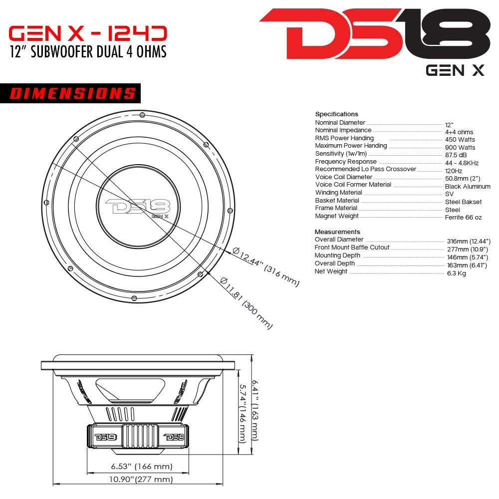 DS18 GEN-X124D Subwoofer in Black - 4 Layer Black Aluminum Voice Coil, 12", 900W Max Power, 450W RMS, Dual 4 Ohms - Powerful Car Audio Bass Speaker (1 Speaker)