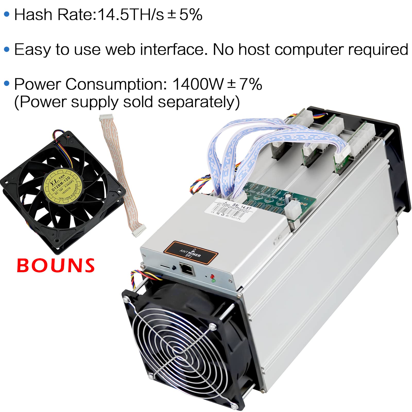 Antminer S9J 14.5TH/s Bitcoin Miner, S9J 14.5TH/s ASIC Bitcoin BTC Miner @.098 J/GH Bitcoin Mining Machine with Data Cable