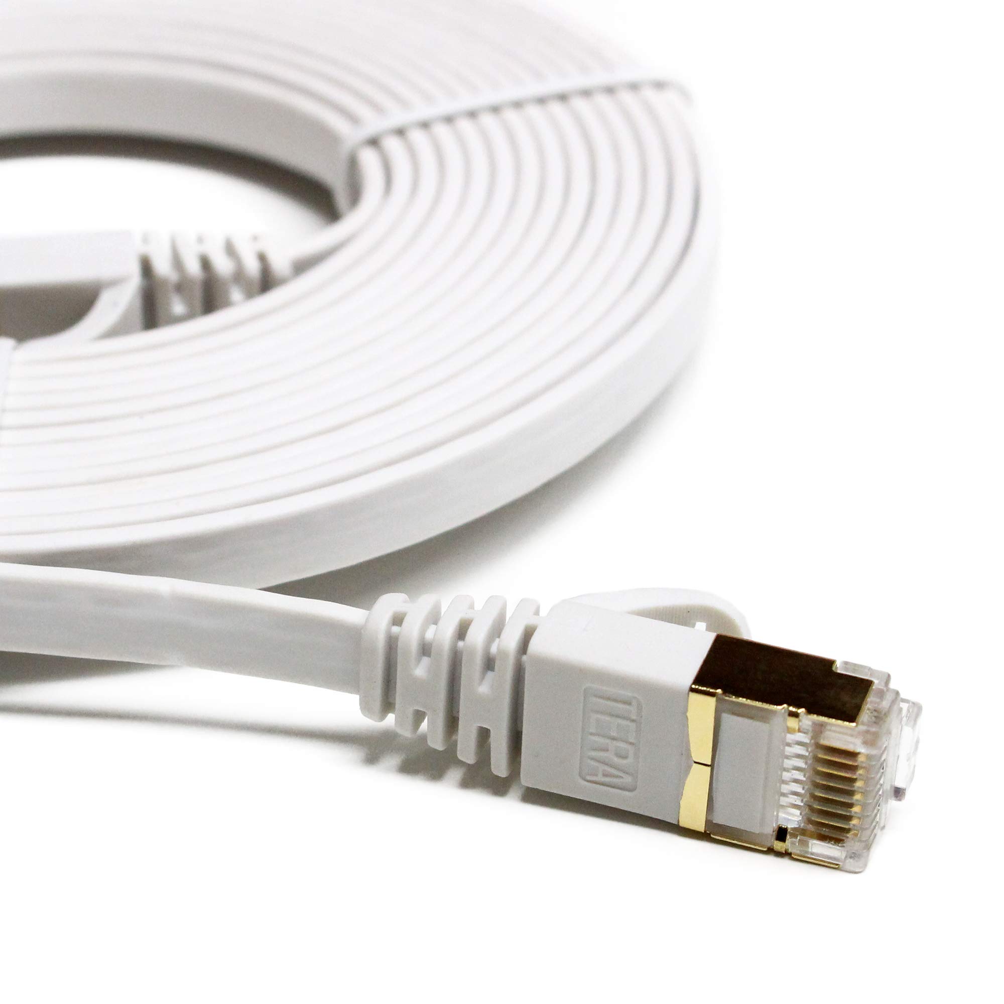 Tera Grand - 12FT - CAT7 10 Gigabit Ethernet Ultra Flat Patch Cable for Modem Router LAN Network, Gold Plated Shielded RJ45 Connectors, Faster Than CAT6a CAT6 CAT5e, White