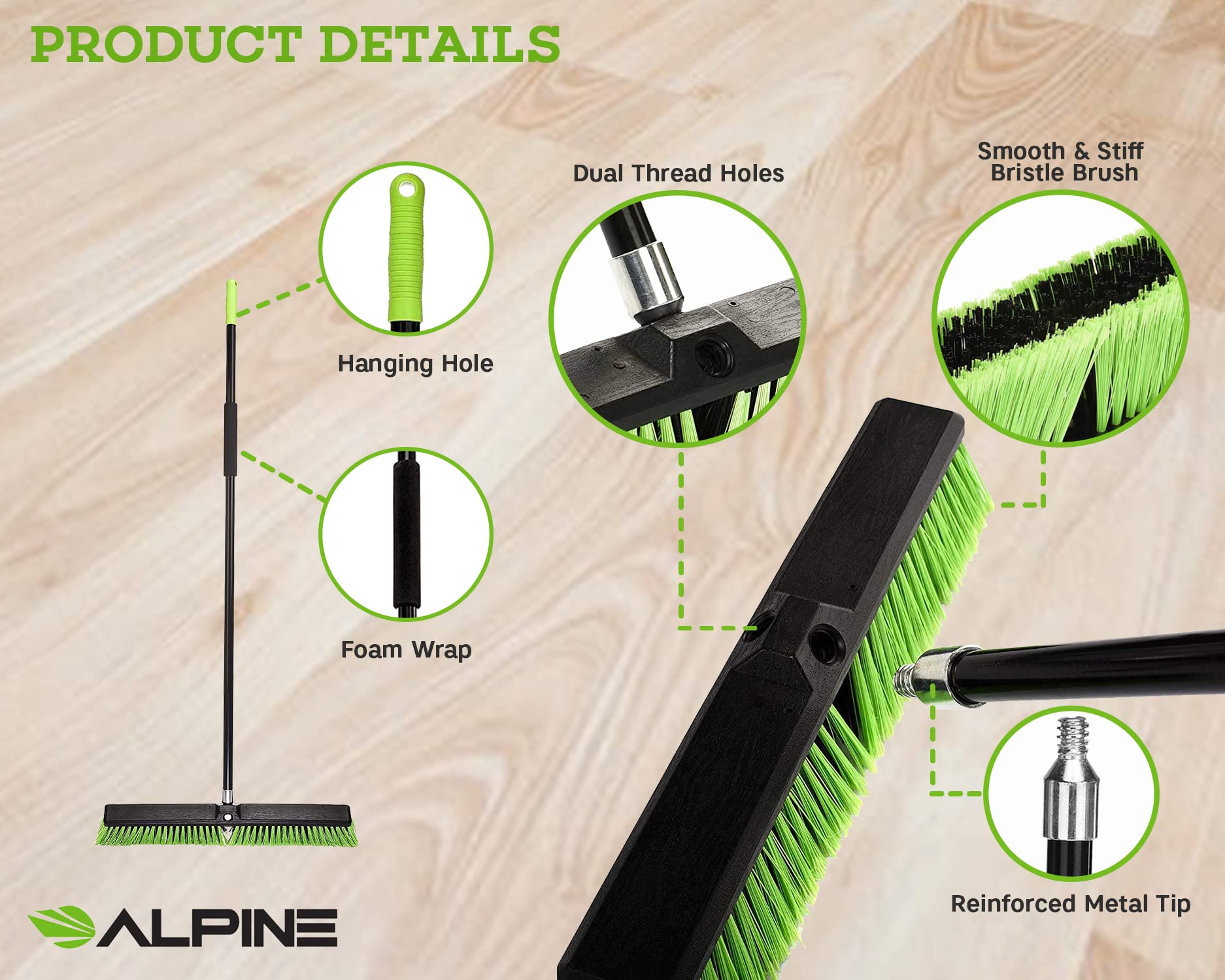 Alpine Industries Push Broom Heavy Duty Smooth Surface Broom Deck Scrubber Long Handle Commercial Floor Scrub Broom Cleans Dirt, Debris, Sand, Mud, Leaves and Water (Green, 24 in)