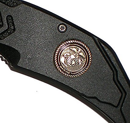 Black Handle Camo Blade SEMPER FI U.S. MARINES SPRING ASSISTED RESCUE POCKET KNIFE WITH GLASS BREAKER