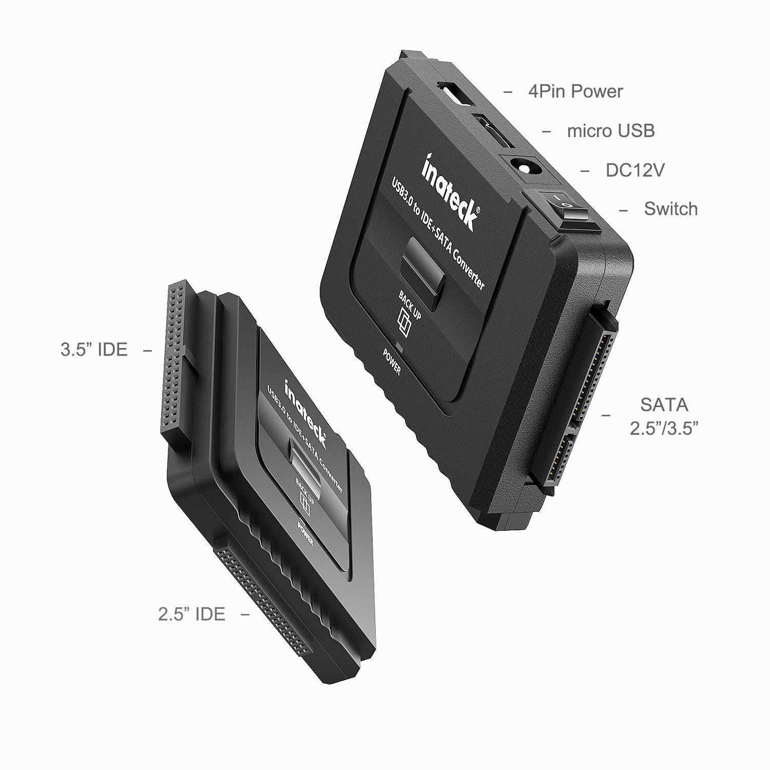 Inateck USB 3.0 to IDE/SATA External Hard Drive Reader Fit for 2.5/3.5 HDD/SSD Hard Drive Disk, IDE to USB Adapter with 12V/2A Power Supply and USB 3.0 Cable, UA2001