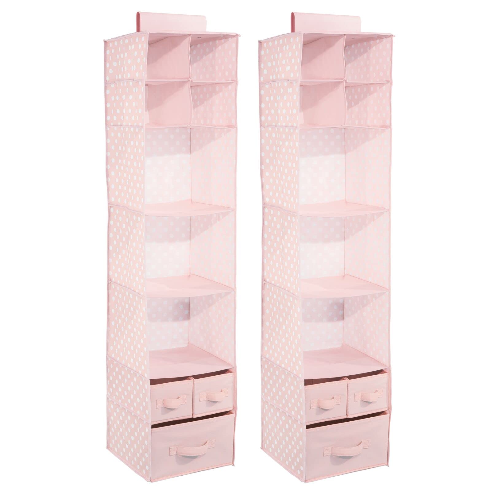 mDesign Fabric Hanging Organizer - Over Closet Rod Storage, 7 Shelves/3 Removable Drawers for Baby Nursery Bedroom Organization - Hold Clothes, Linens, Toys, Accessories, 2 Pack, Pink/White Polka Dot