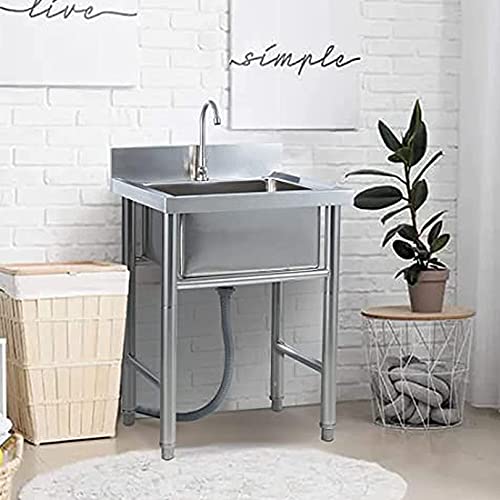 ALEEJA Free Standing Kitchen Sink 304 Stainless Steel Single Bowl Basin Sink with Faucet for Indoor Outdoor Bathroom Restaurant,Bar