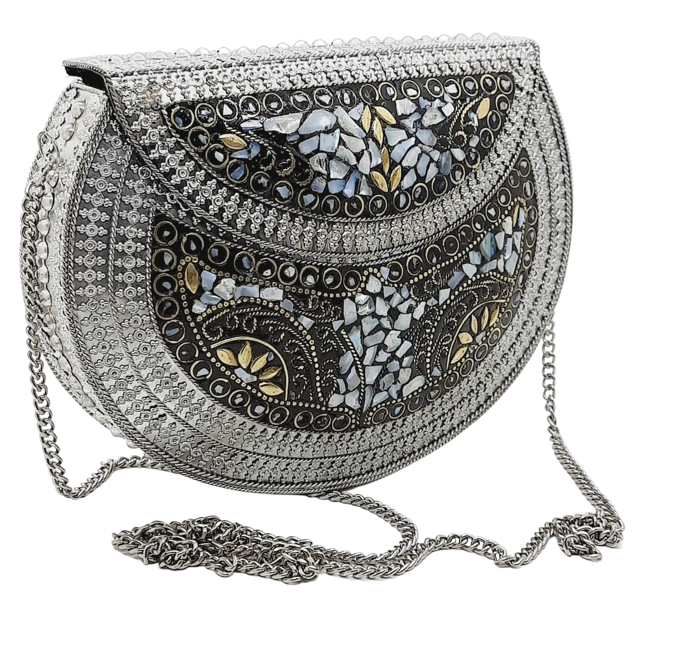 Ethnic Clutch Vintage Handmade metal Mosaic stone Shell purse Handbag for women Party Bag Special occasion accessories