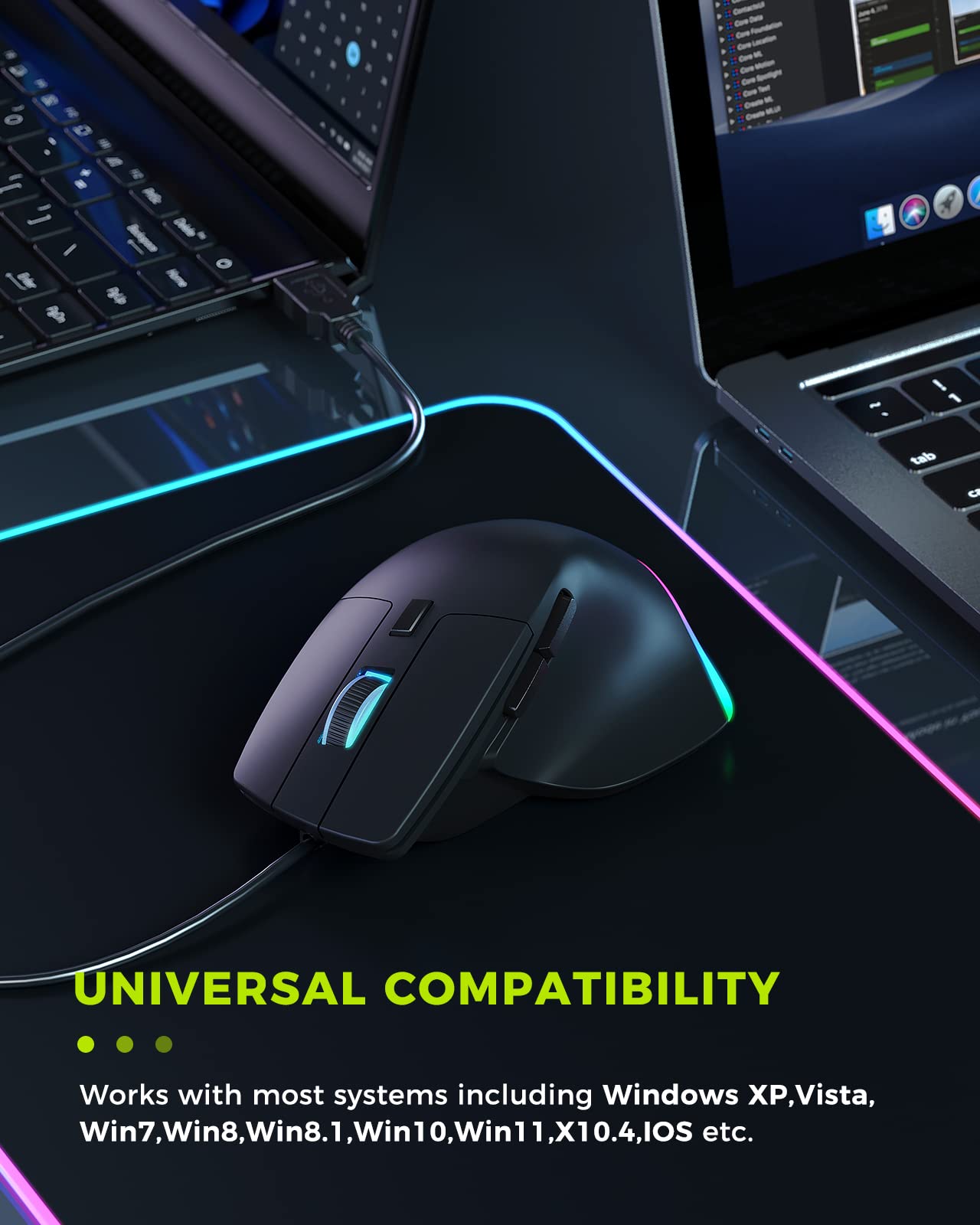 Wired RGB Mouse for Laptop, Ergonomic Computer Mouse, Quiet Click, 4-Level DPI, 7 Buttons, LED Light with Thumb Rest Mouse Compatible for PC/Desktop/Notebook/MAC/Gamer(for Right Hand, Large), Black