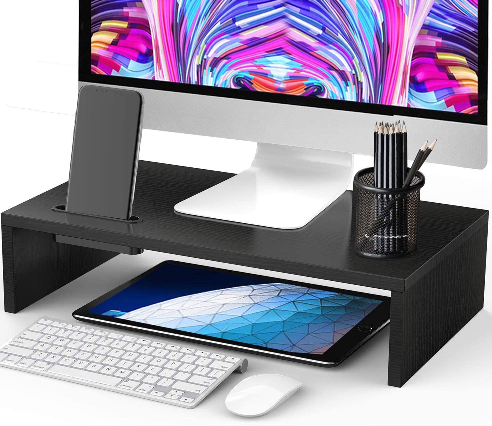 AMERIERGO Monitor Stand Riser, Computer Stand, Desk Organizer Stand, Desktop Printer Stand with Phone Holder and Cable Management, Versatile as Storage Shelf & Screen Holder, for Laptop Printer PC