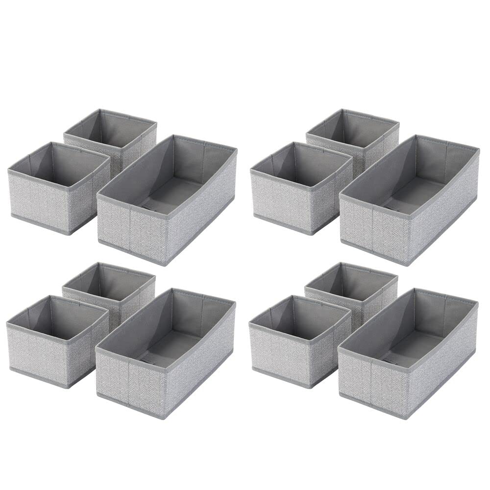 mDesign Fabric Drawer Divider Organizer Bin, Nursery/Bedroom Dresser, Closet, Shelf, Playroom Organization, Hold Clothes, Toys, Diapers, Bibs, Lido Collection, Set of 3, 4 Pack, Gray Herringbone