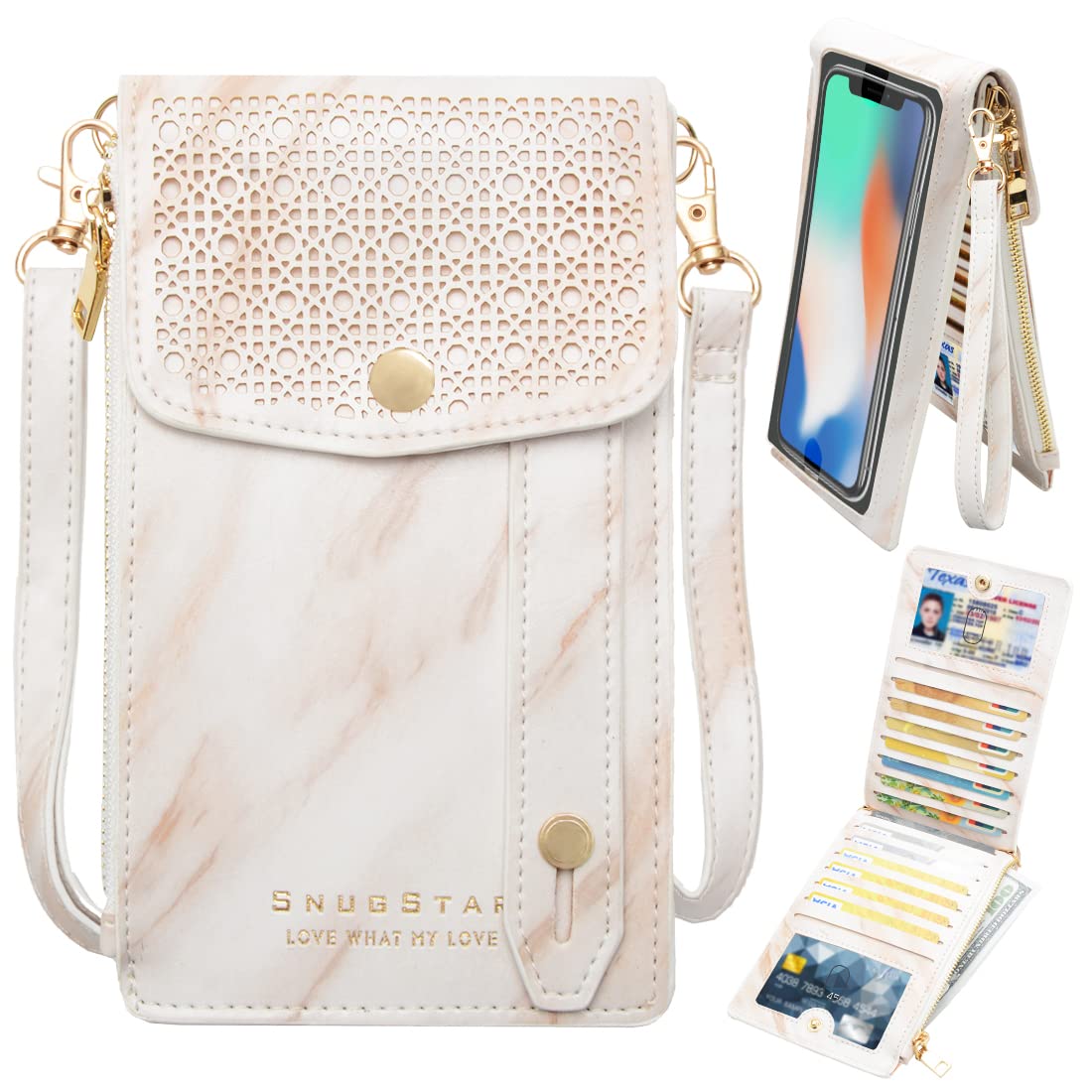 SNUG STAR Multi-purpose Card Holder Wallet-RFID Blocking,Lightweight Zipper Pocket Crossbody Bag with Touch Screen Purse for Most iphone Cell phones (Marble white)