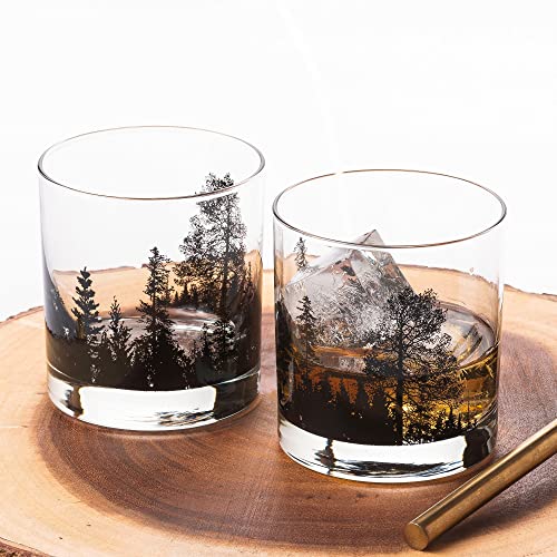 Black Lantern Whiskey Glasses β Forest Landscape Cocktail Glasses - Set of 2 Glasses - Old Fashioned Rock Glass Set - 11oz. Tumbler Glass