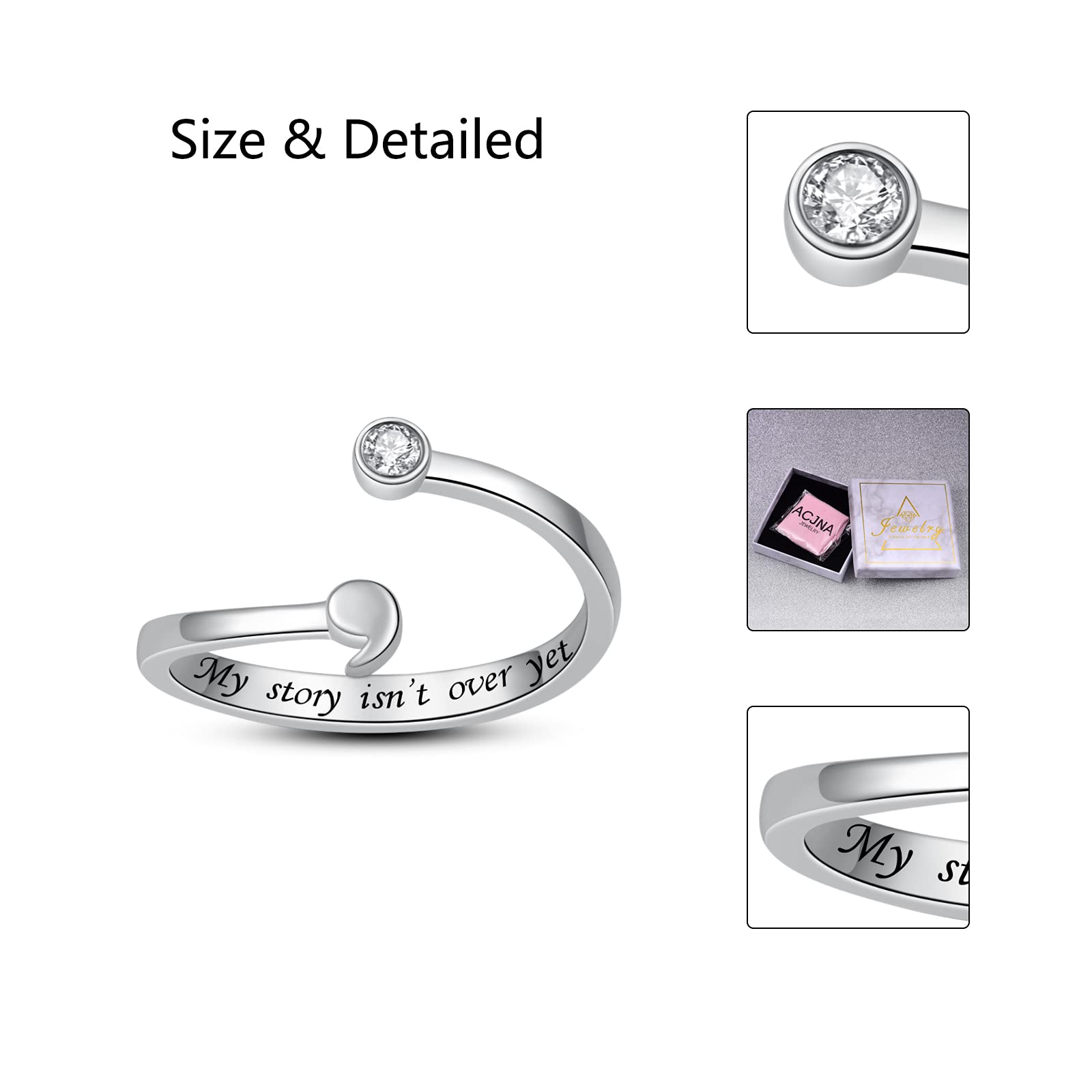 ACJNA 925 Sterling Silver Rings, My Story Isn't Over Yet Ring Adjustable Open Rings Semicolon Jewelry for Women Inspirational Gift