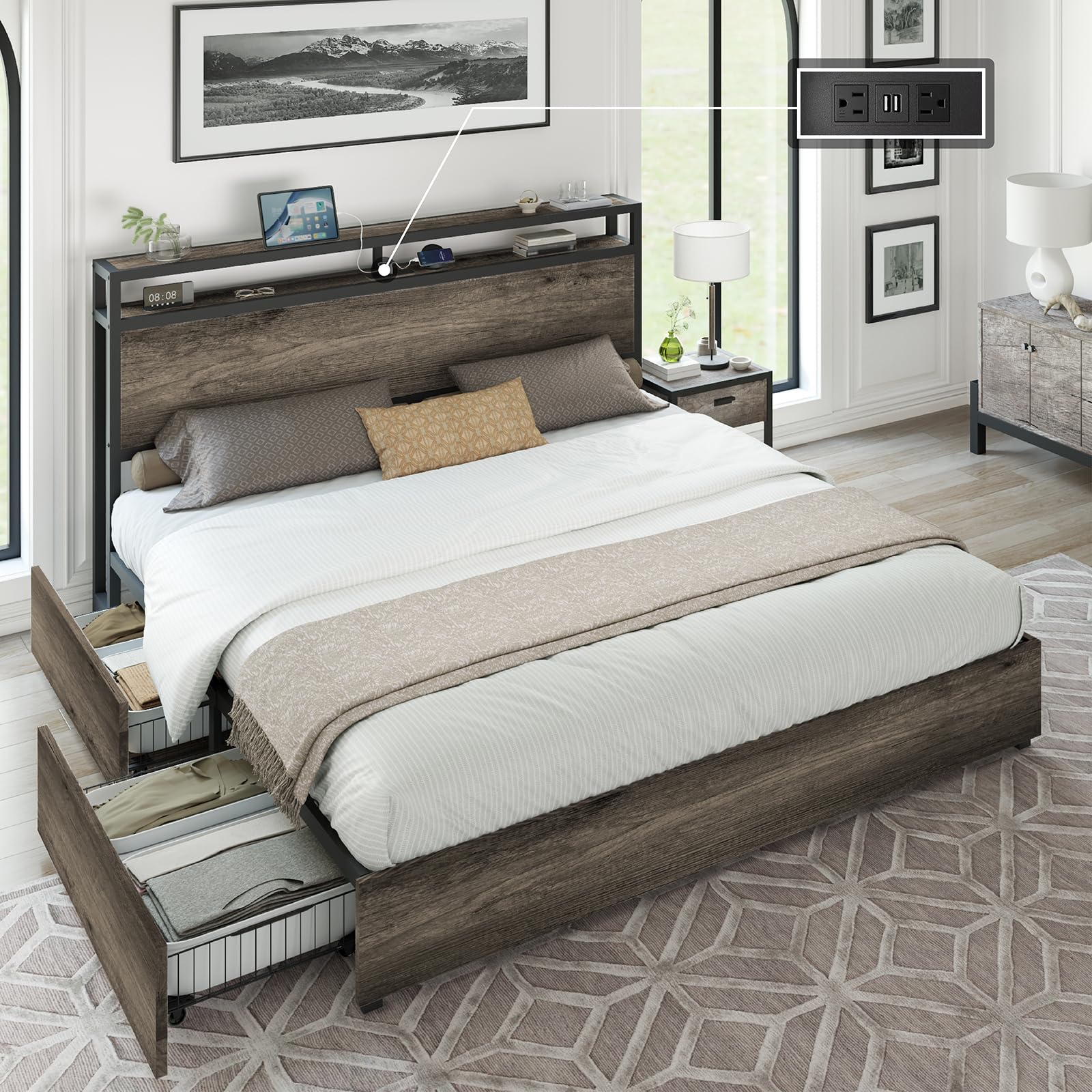 AMERLIFE King Size Storage Bed Frame, Wooden Platform Bed with Charging Station, 4 Drawers & Headboard/No Box Spring Needed/Noise-Free/Rustic Grey