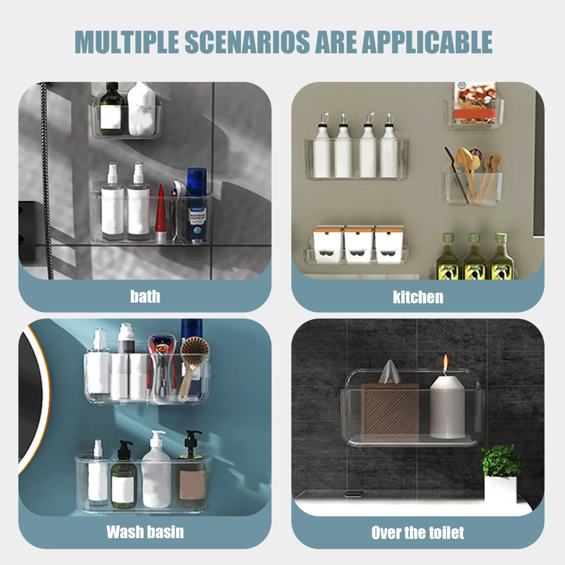 Bathroom Wall Organizer, 7.1x3.2x4.7 Clear Plastic Adhesive Shelf, Cabinet Door Organizer with Drain Hole, Punch Free Storage Racks for Bathroom, Small, Cabinet Door Organizer