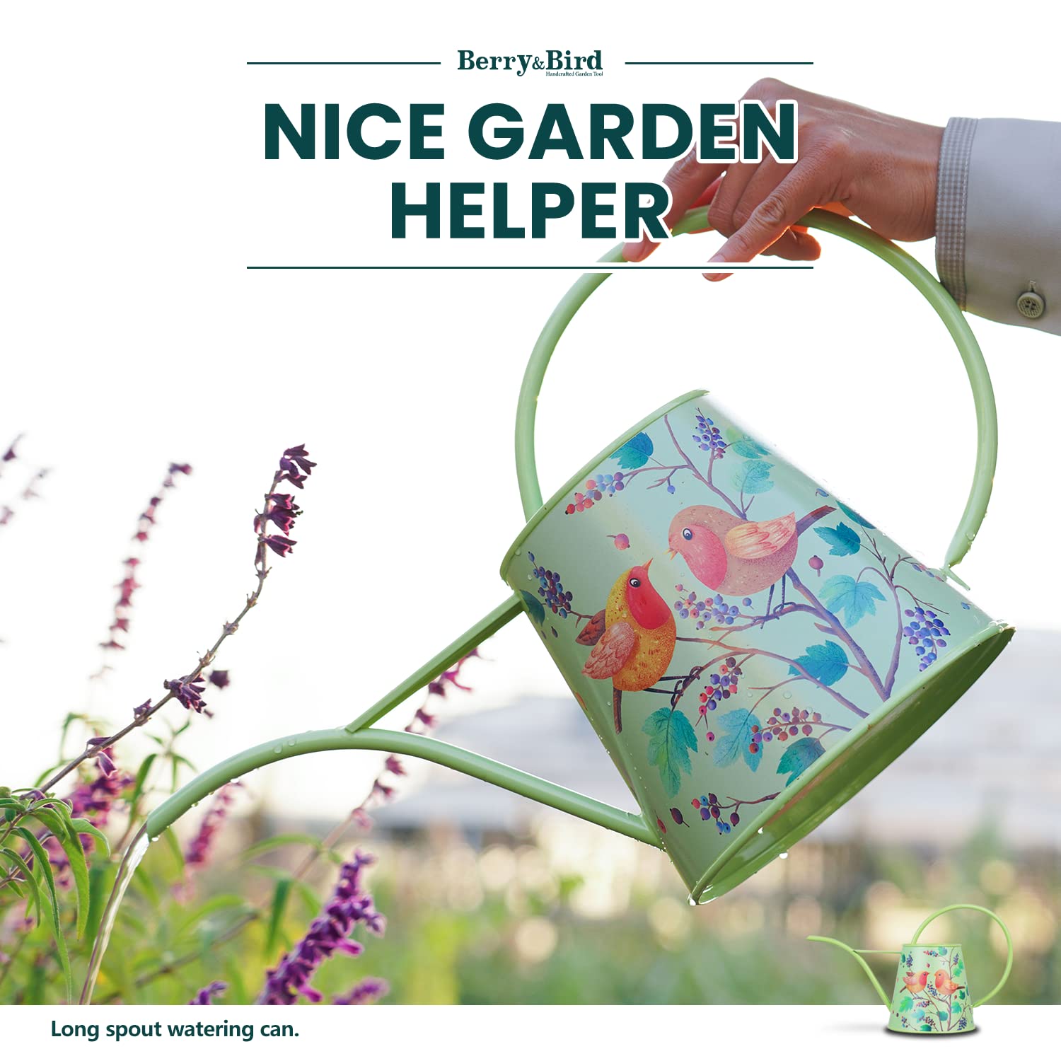 Berry&Bird Long Spout Watering Can for Garden Lawn House Indoor Outdoor Metal Sprinkling Pot in British Bloom Style for Plant Flower Bonsai 2 Liter/67.6 Fl Oz