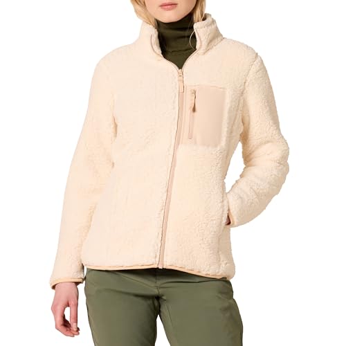 Amazon Essentials Women's Sherpa Long-Sleeve Mock Neck Full-Zip Jacket with Woven Trim (Available in Plus Size), Beige Color Block, Medium