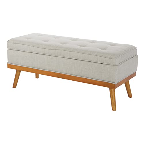 OSP Home Furnishings Katheryn Storage Bench with Tufted Seat and Wood Finish Legs, Grey Fabric