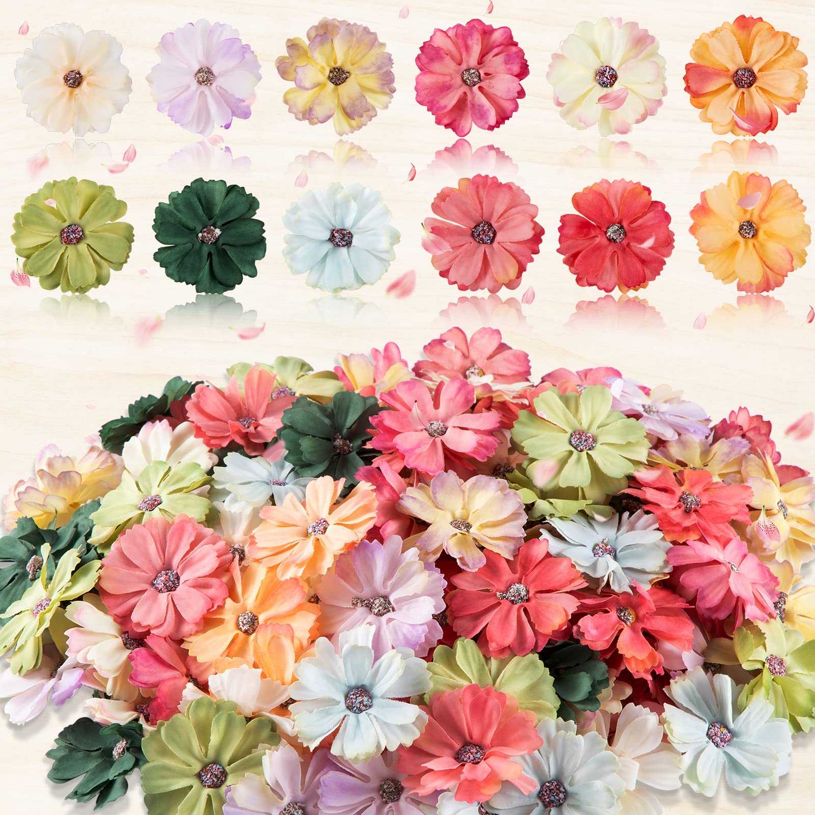 Xinnun 120 pcs Faux Flowers Heads for Crafts Artificial Small Silk Daisy Flowers Embellishments 1.5 Inch Mini Assorted Faux Flowers Bulk DIY Wreath for DIY Holiday Wedding Party Home Garden Decoration