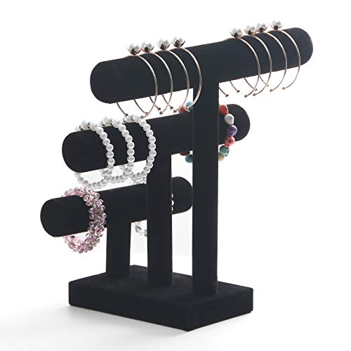 Wuligirl 3 Tier T-Bar Bracelet Jewelry Display Stand Bangle Organizer Storage Holder Velvet Black (3T Bar)