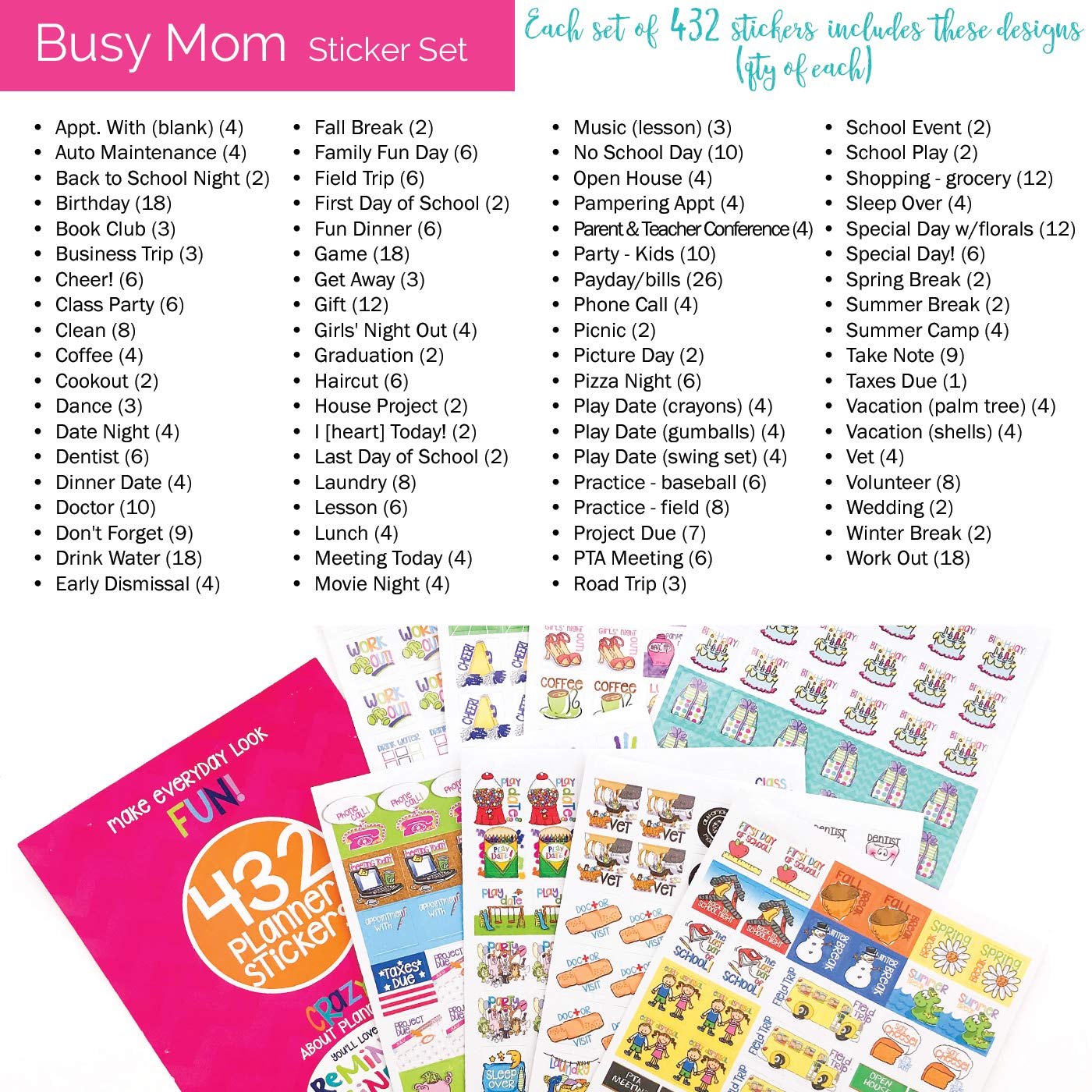 Busy Mom Planner Sticker Collection for Calendars, Planners. Appointment Reminder Stickers, Doctors, School, Birthdays, Play Dates, Events, Scrapbook, Wedding, Vacation | 864 Stickers