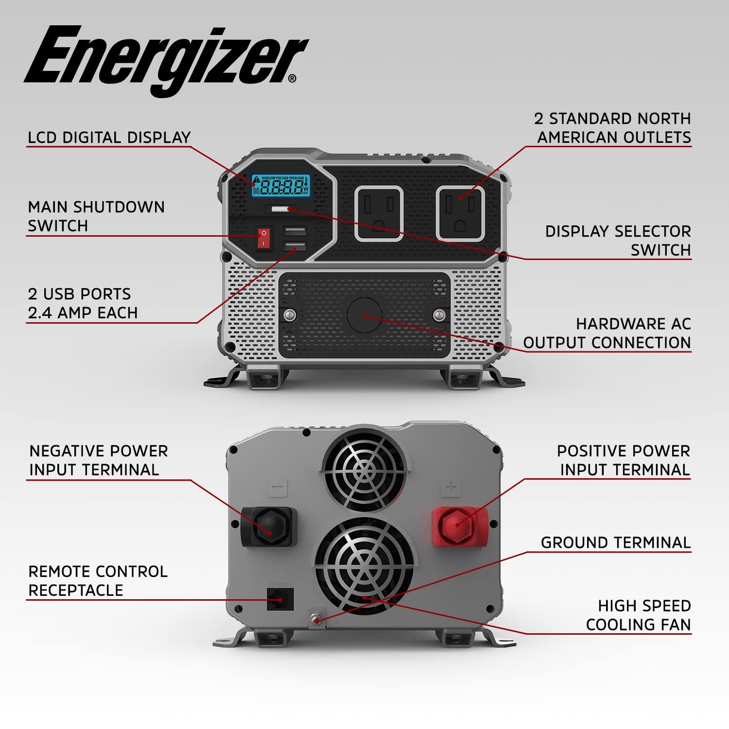 Energizer 4000 Watts Power Inverter Modified Sine Wave Car Inverter, 12V to 110 Volts, Two AC Outlets, Two USB Ports (2.4 Amp), Hardwire Kit, Battery Cables Included – ETL Approved Under UL STD 458
