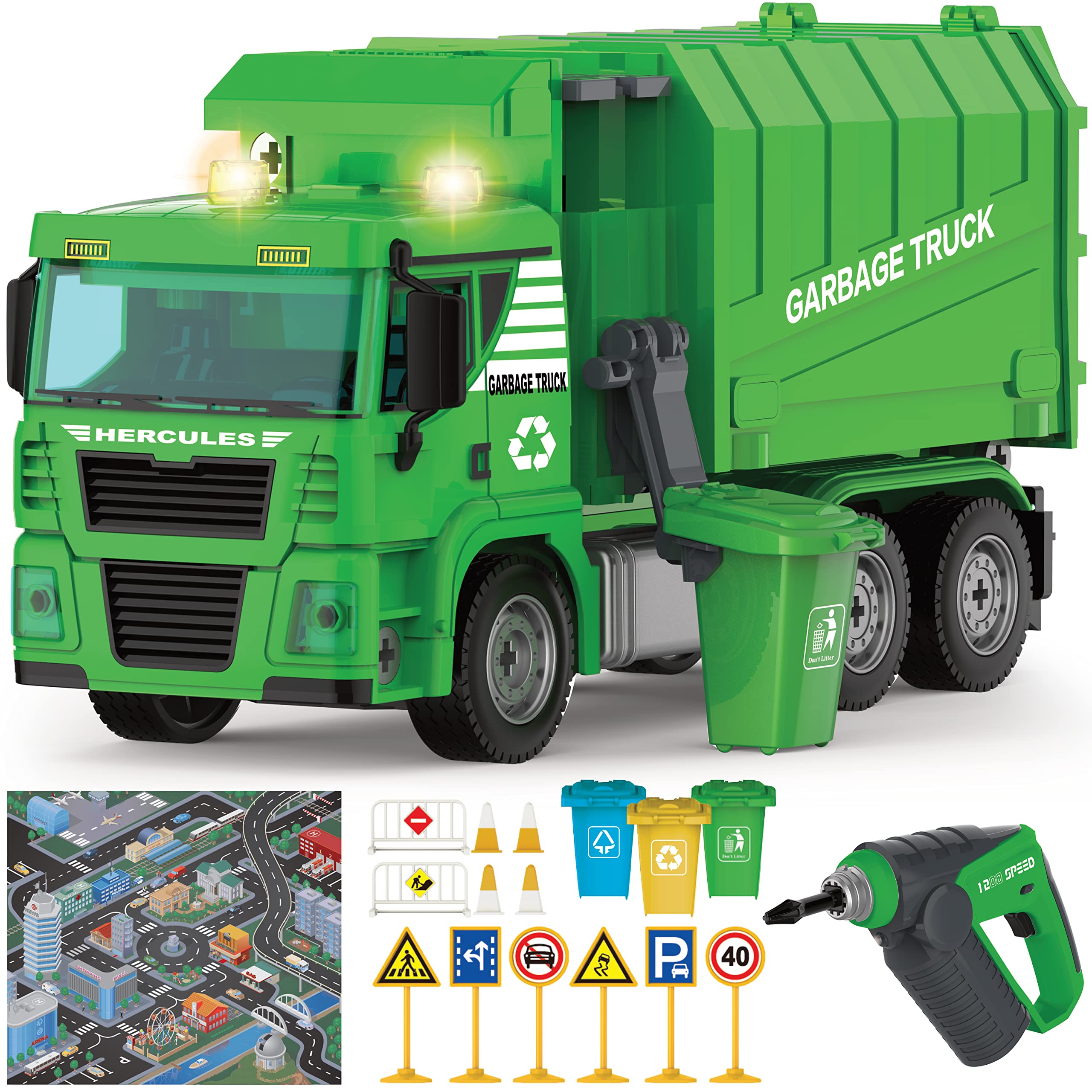 Garbage Truck Toy - 116 Pcs Friction Power Take Apart Toy STEM Toys w/Drill, Push & Go Lights & Sounds, Sanitation Trash Trucks City Vehicle Playset for Kids Toddlers Boys Ages 3 4 5 6 7 8 Years Old