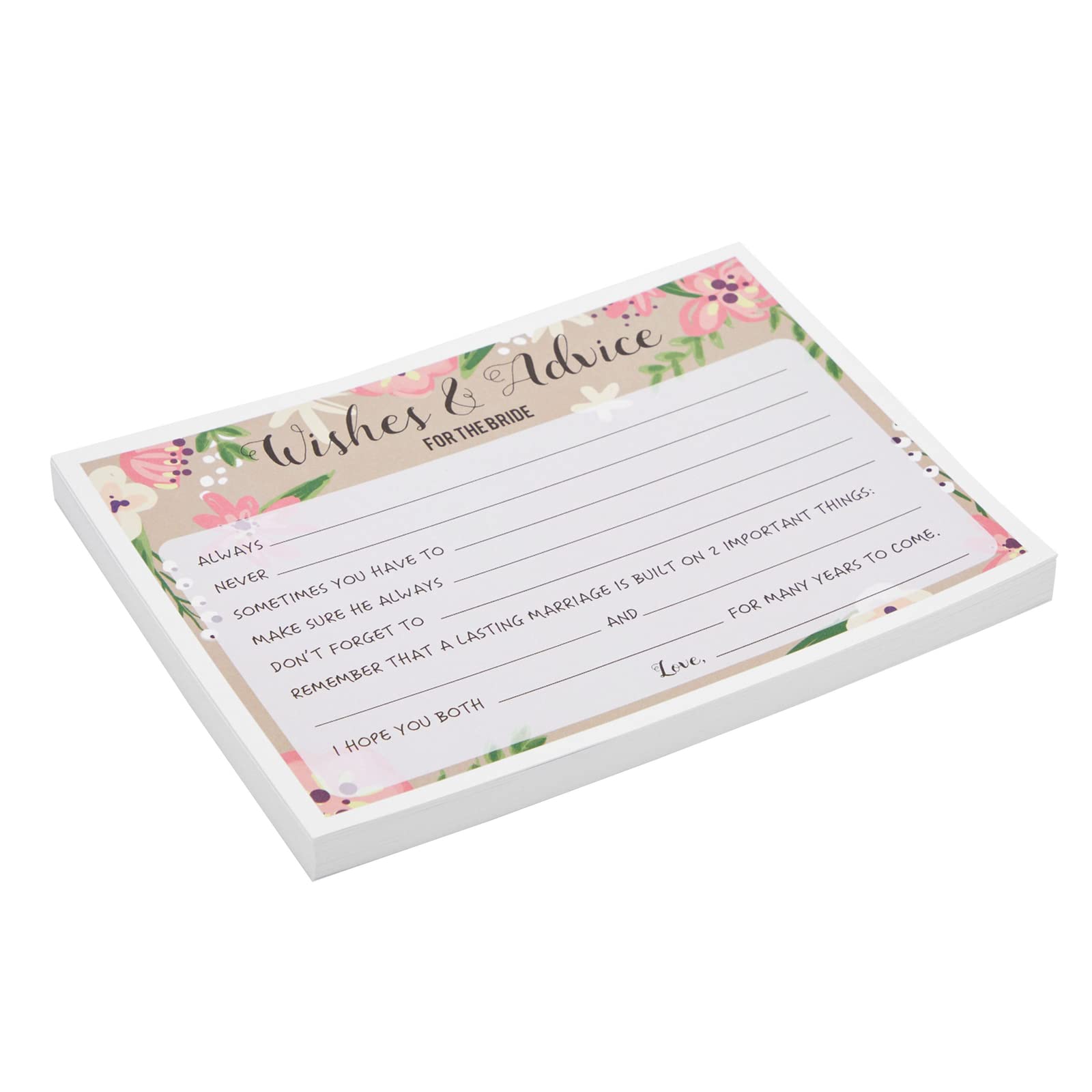 Best Paper Greetings 50 Pack Floral Wedding Advice Cards for Bride, Bridal Shower Games (5x7 In)