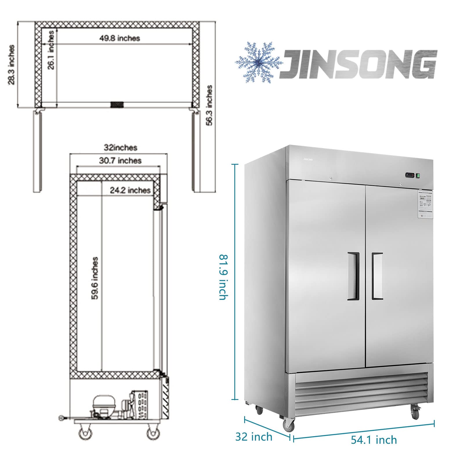 JINSONG 54" Commercial Refrigerator 2 Solid Door, 49 cu.ft 2 Section Stainless Steel Reach-in Refrigerator for Restaurant, Bar, Shop, Residential