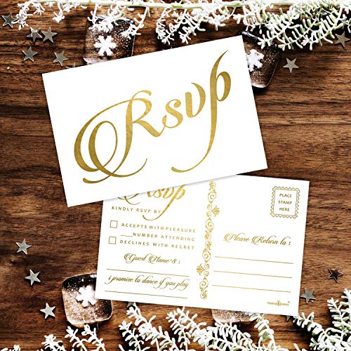 PARTH iMPEX RSVP Postcards for Wedding - (Pack of 50) Gold Foil Stamping with Mailing Side 4"x6" Response Cards All Occasion Mailable - White