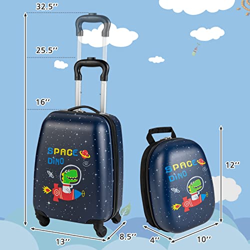 Olakids Kids Luggage Set, 16’’ Carry on Suitcase and 12’’ Travel Backpack with Rolling Spinner Wheels for Boys Girls, 2 Pcs Trolley Case Gift for Children Toddlers (Space Dinosaur)