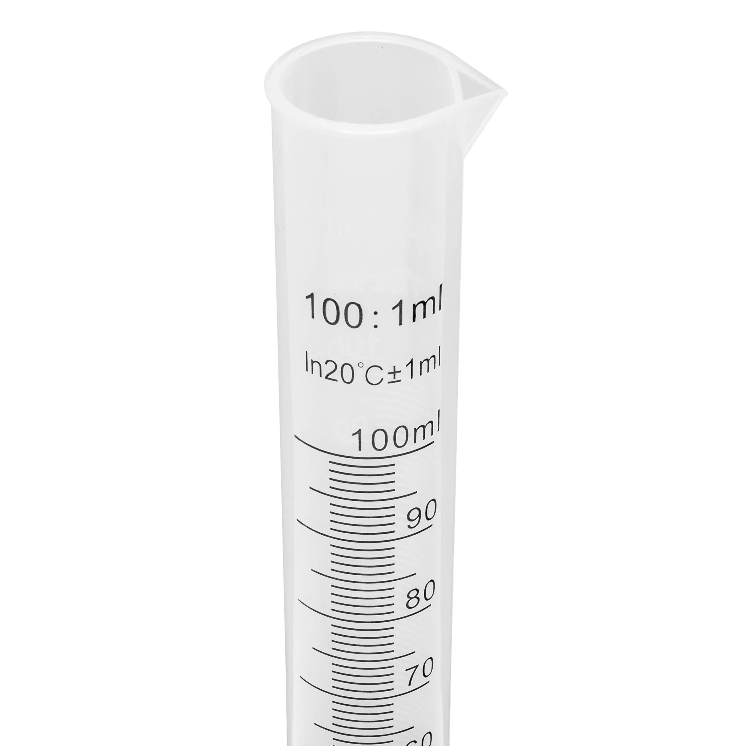 Brewing America 100ml Plastic Graduated Cylinder Beaker - 100ml Science Measuring Test Tube Flask, 2-Sided Marking - Black and Raised Graduation Lines, Pour Spout