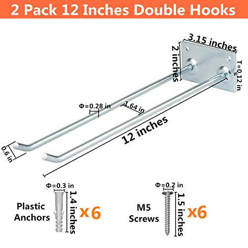 Wall-Mounted Steel Long-Handled Tools Storage Rack, 12 Inch Steel Garage Utility Double Hooks Organizing Ladders, Rakes, Hose, Shovel, Brooms, Max Capacity 55Lbs (Pack of 2 )