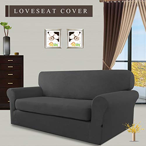 Easy-Going 2 Pieces Microfiber Stretch Sofa Slipcover – Spandex Soft Fitted Sofa Couch Cover, Washable Furniture Protector with Elastic Bottom Kids, Pet (Loveseat, Dark Gray