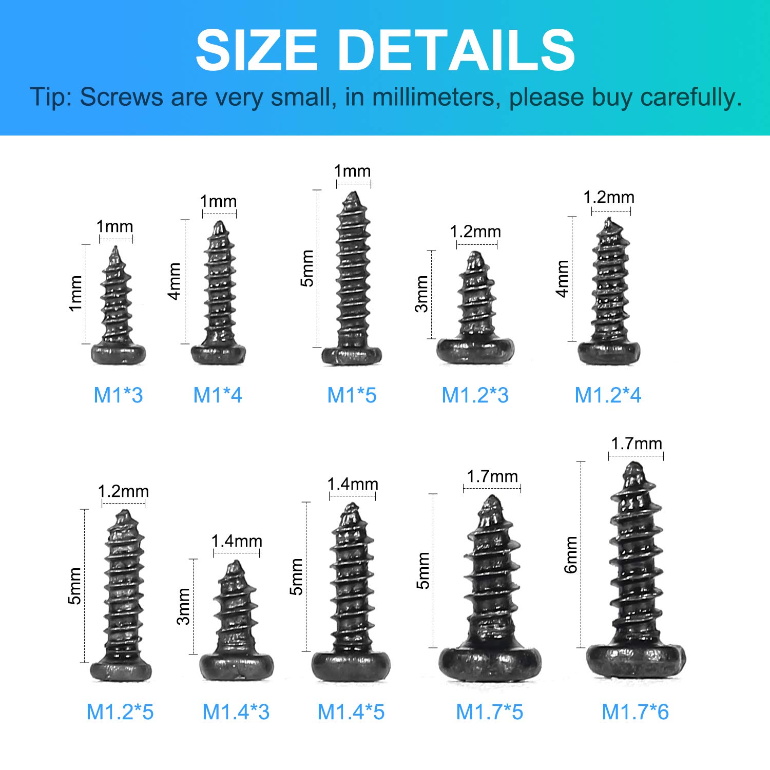 MEIYYJ 10 Kinds Small Multi-Purpose M1 M1.2 M1.4 M1.7 Phillips Head Micro Screws Self-Tapping Electronic Screws Assortment Kit Pack of 1000