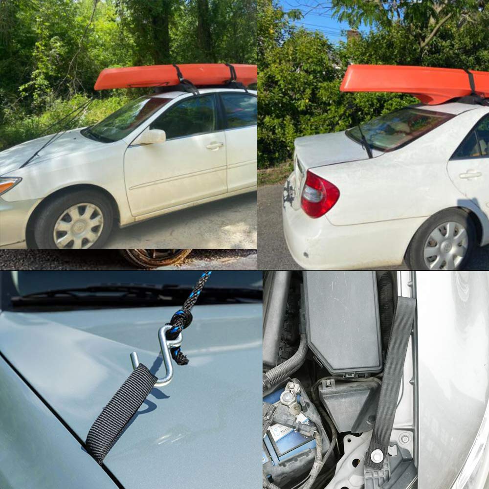 Alfa Gear Hood and Trunk Tie Down Strap Kits 4pcs/Set Black Tie Down kit for Trailing The Kayak/Canoe/SUP/Surfboard