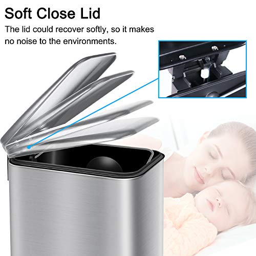 YCTEC 1.3 Gallon/5 Liter Stainless Steel Small Trash Can with Lid Soft Close, Removable Inner Waste Basket, Rectangular Slim Garbage Can for Bathroom Bedroom Office, Narrow Step Trash Bin, Silver