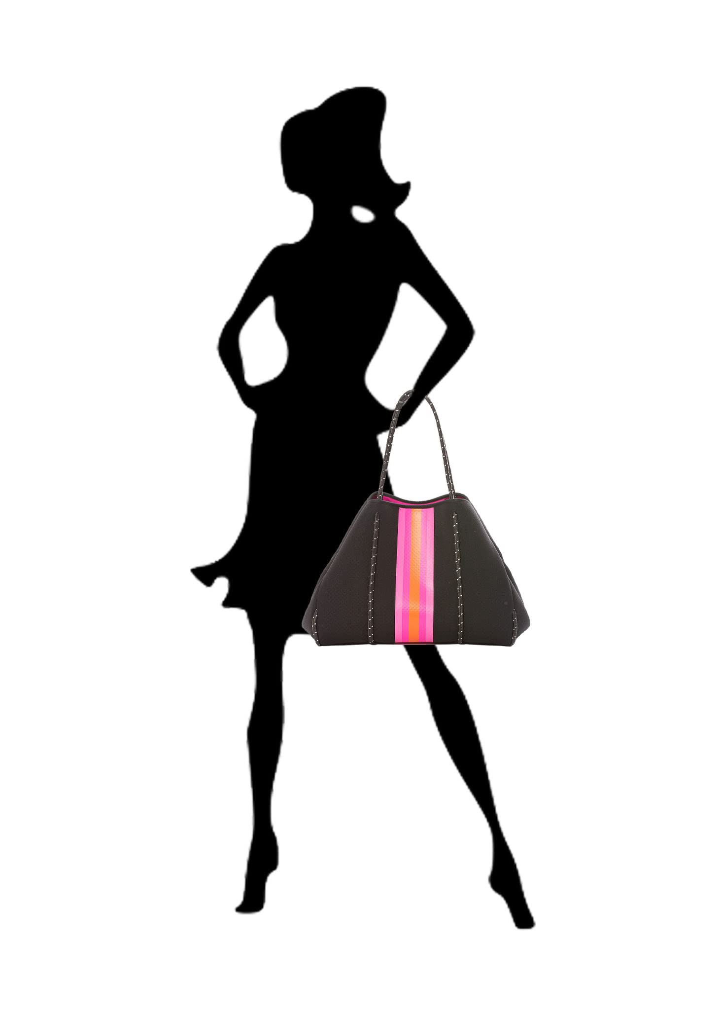 Haute Shore - Greyson Rave Neoprene Tote Bag w/Zipper Wristlet Inside, Black W/Hot Pink Orange