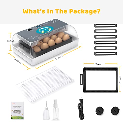 Apdoe Egg Incubator Clear View, Automatic Egg Turner, Temperature Humidity Control, Egg Candler, Poultry Egg Incubator for Hatching 12-15 Chicken Eggs, 35 Quail Eggs, 9 Duck Eggs, Turkey Goose Birds