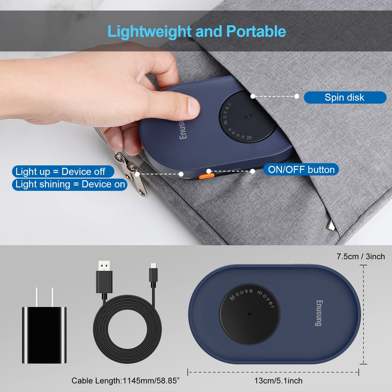 ENUSUNG Mouse Jiggler 100% Mechanical Mouse Mover with ON/Off Switch, Driver-Free USB Mouse Shaker, Undetectable Mouse Movement Simulator for Preventing PC/Computer/Laptop from Going to Sleep