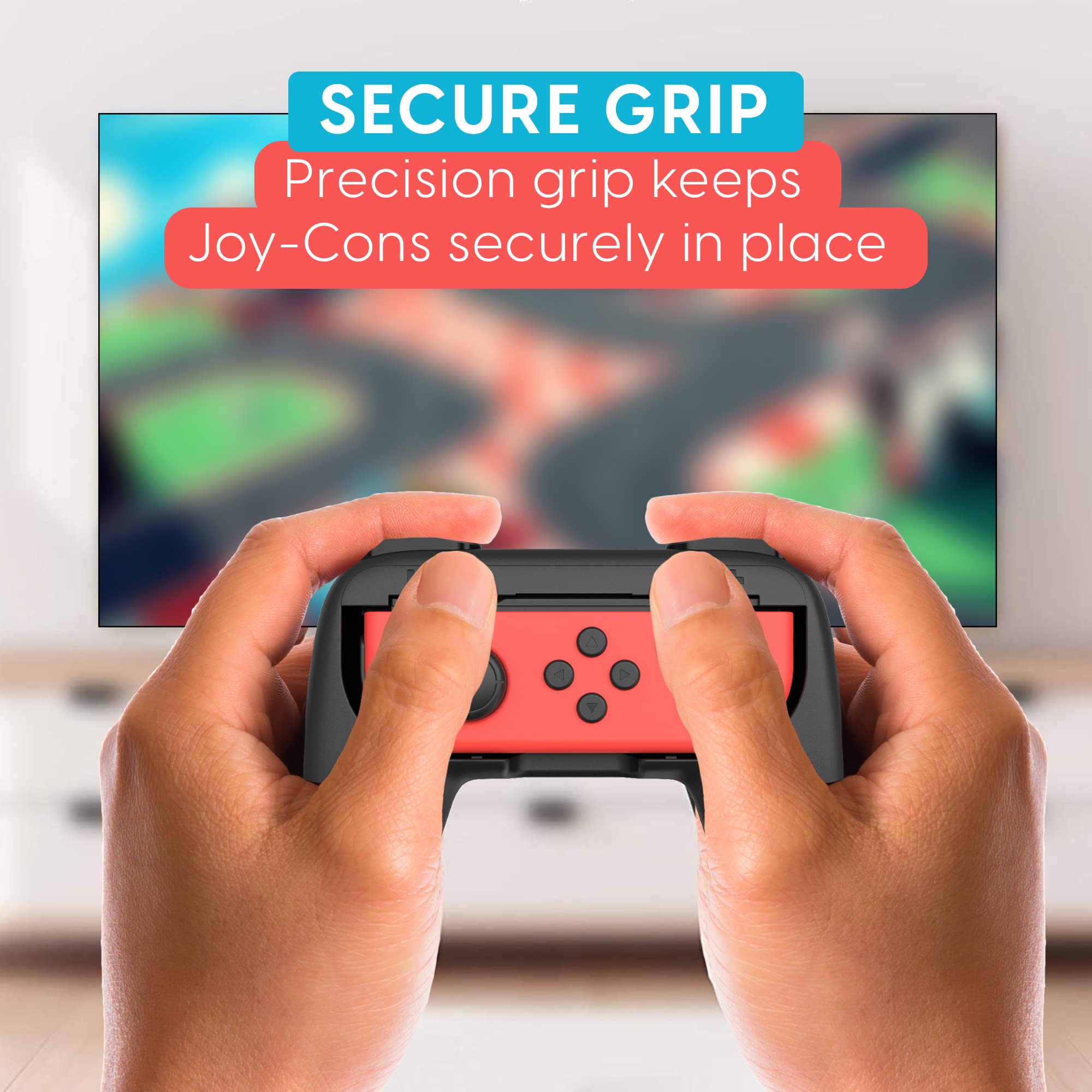 TALK WORKS Nintendo Switch + Switch OLED Joy-Con Controller Grips 4-Pack - Secure Joy-Con Grip, Extended Trigger Buttons, Ergonomic Design for Comfort Hold, Secure Fit for Joy-Con Controllers - Black