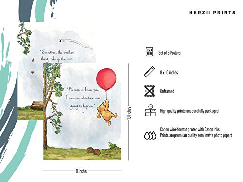HerZii Prints Classic Winnie The Pooh Wall Art Decorations Set of 6 8x10 inch - Nursery Playroom Home Decor - Baby Shower Decorations