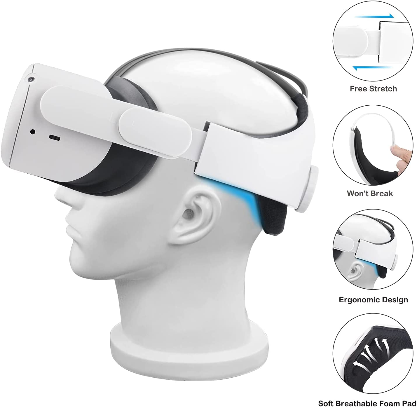 Adjustable Head Trap for Oculus Quest 2 with Head Cushion, Replacement for Elite Strap Comfortable Protective Head Strap Reduce Pressure(White)