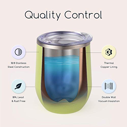 Maars Bev Stainless Steel Stemless Wine Glass Tumbler with Lid, Vacuum Insulated 12 oz Cup | Spill Proof, Travel Friendly, Fun Cocktail Drinkware - Matcha Green